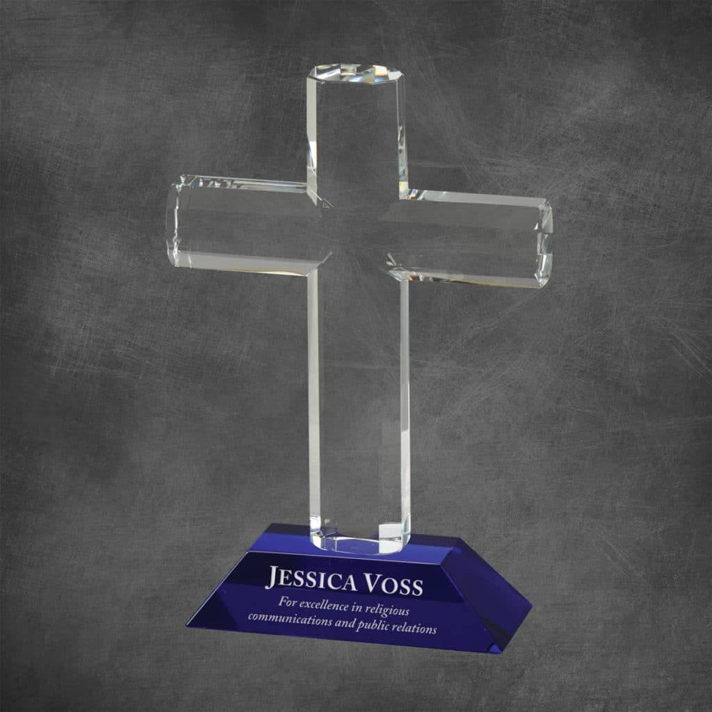 Faceted Crystal Cross on Blue Base