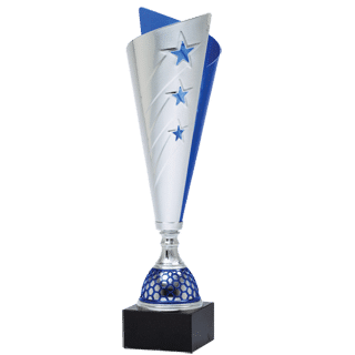 Triple Star Silver/Blue Trophy Cup on Black Marble Base